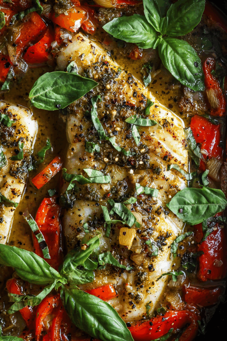 Easy Baked Garlic–Basil Fish Over Peppers - Thecozyweave