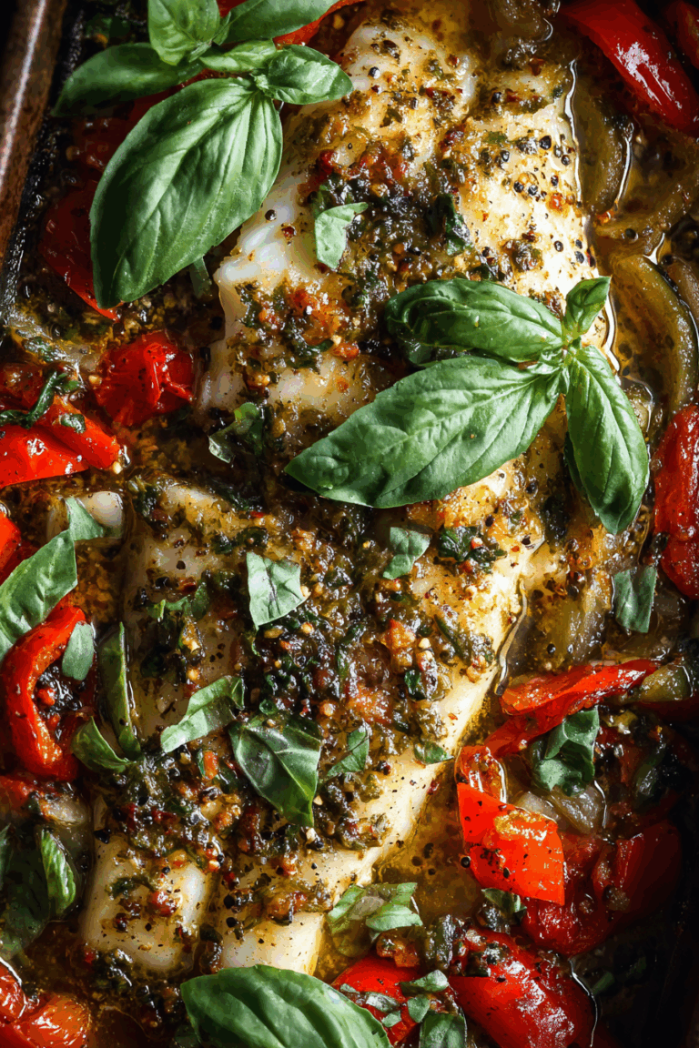 Easy Baked Garlic–Basil Fish Over Peppers - Thecozyweave