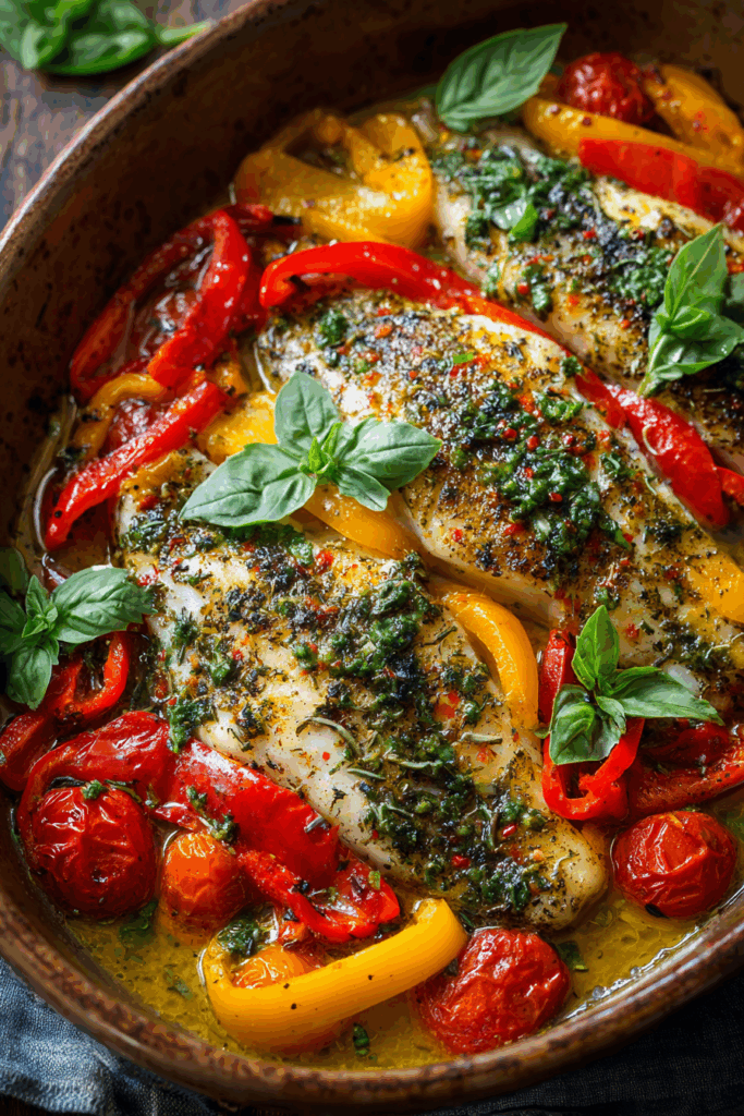 Easy Baked Garlic–Basil Fish Over Peppers - Thecozyweave